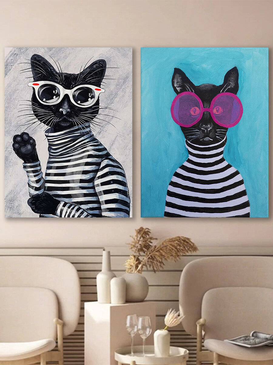 Модульные картины на стену / диптих - "Забавные котики", картина 2 шт, модуль 40х60 см