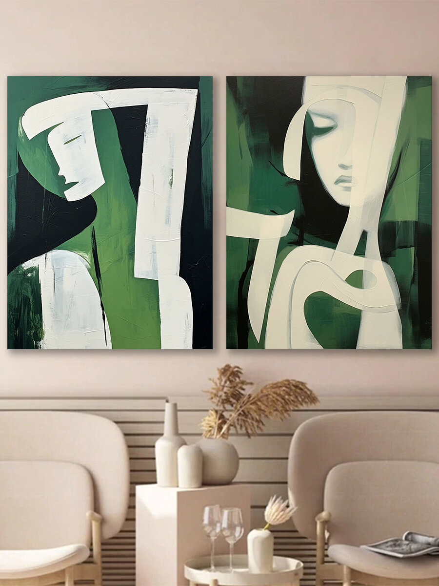 Модульные картины на стену / диптих - "Зеленая абстракция, минимализм, лица и силуэты", картина 2 шт, модуль 40х60 см