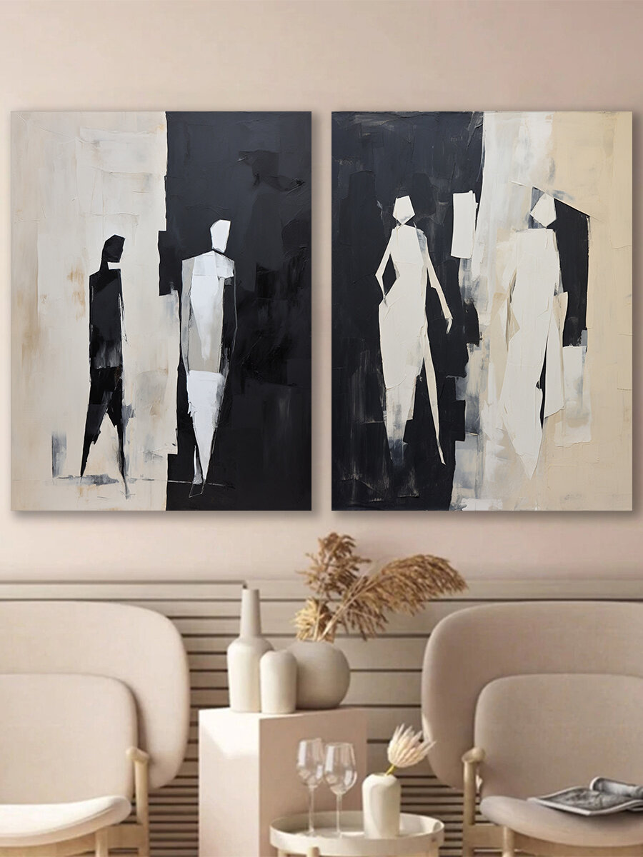 Картина модульная на стену / композиция из 2-х картин, "Силуэты людей, абстракция, пара девушка и мужчина", 70х100 см.