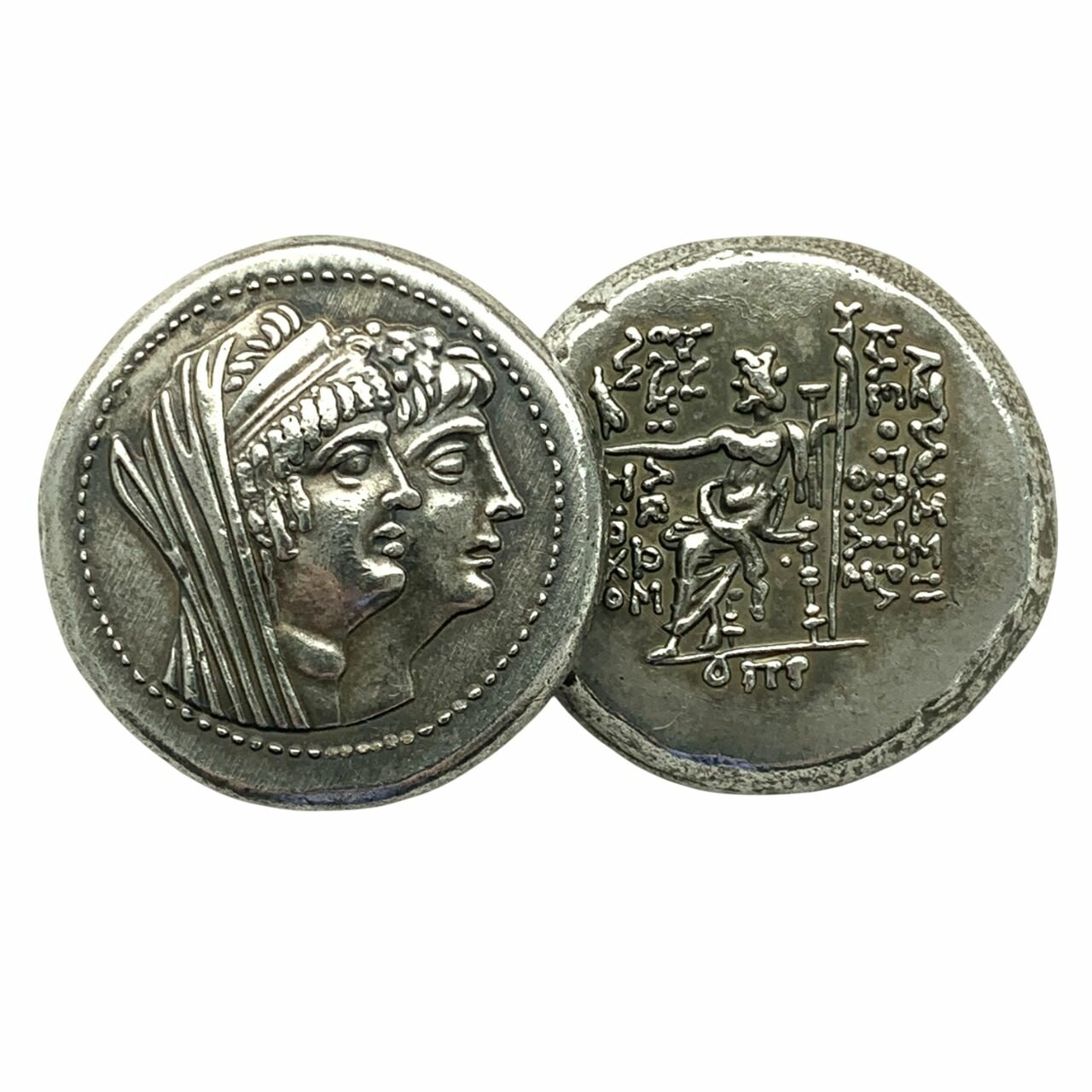 Тетрадрахма 125-121 гг. до н. э. Селевкида царей Сирии Клеопатра Тея и Антиох Зевс на троне. Античная коллекционная монета.