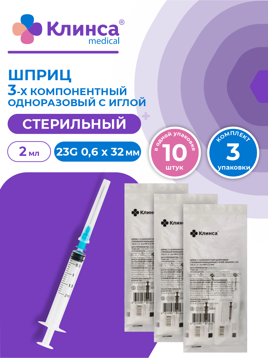 Шприц клинса одноразовый стерильный инъекционный 2 мл с иглой 23G 0.6х32 мм. 10 шт./уп. х3уп
