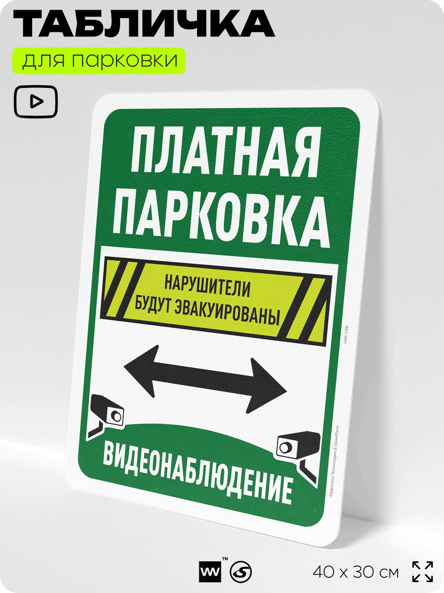 Табличка для парковки "Платная парковка, видеонаблюдение", для дома, офиса, организаций, 40х30 см, Silver Plane x Айдентика Технолоджи