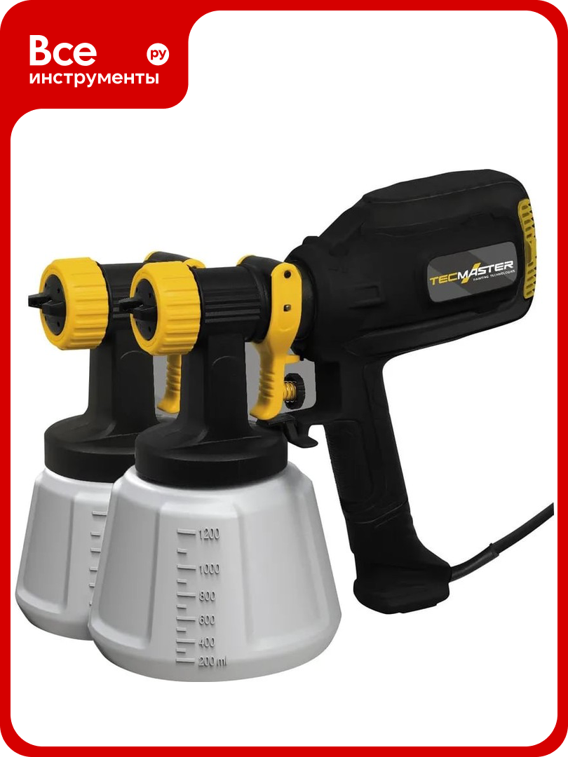 Электрический краскопульт TECMASTER T1200 с двумя насадками и комплектом форсунок, для покраски любых поверхностей
