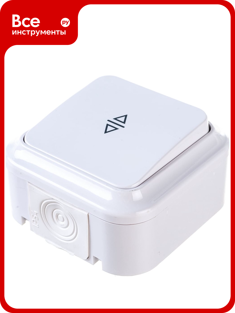 Выключатель BYLECTRICA 1-клавишный открытая установка, перекрестный IP54 пралеска аква, белый, А6/2 10-872, 70х70х41