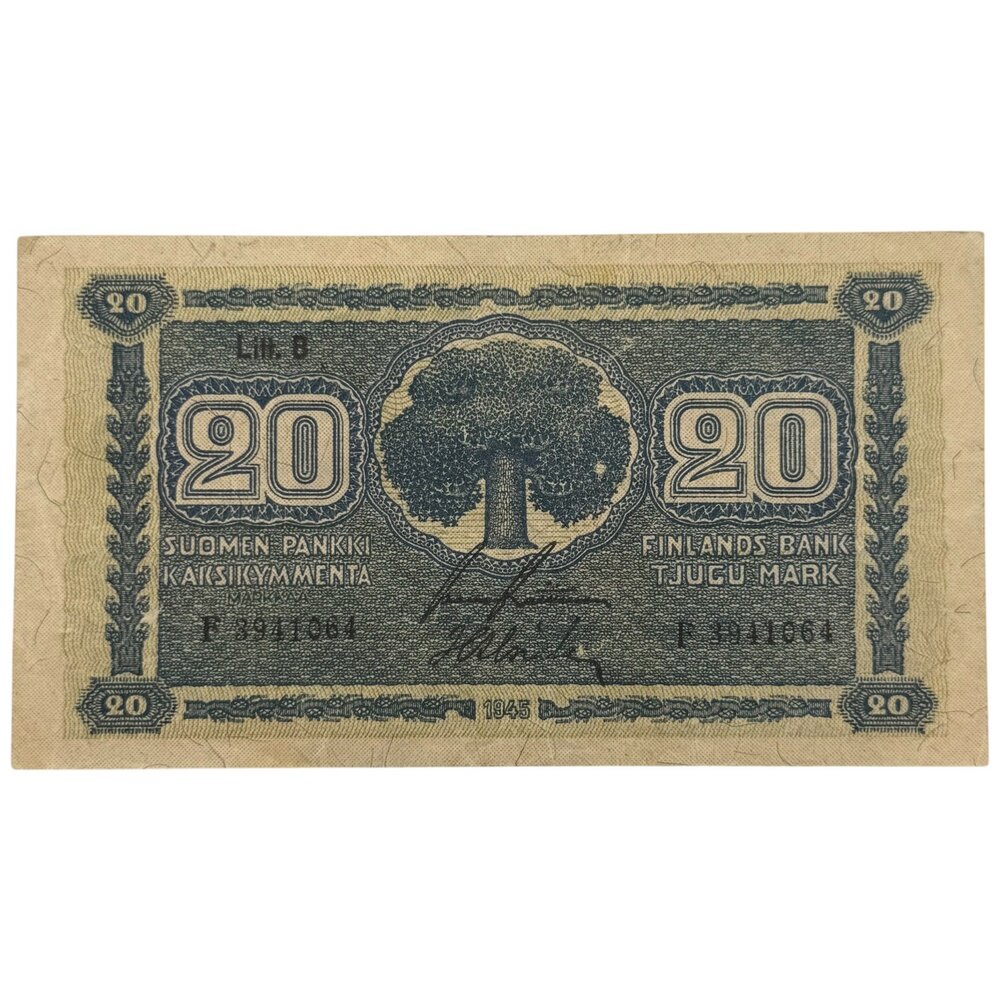Финляндия 20 марок 1945 г. (Litt. B) (Подпись Raittinen, Alsiala) (Серия F)