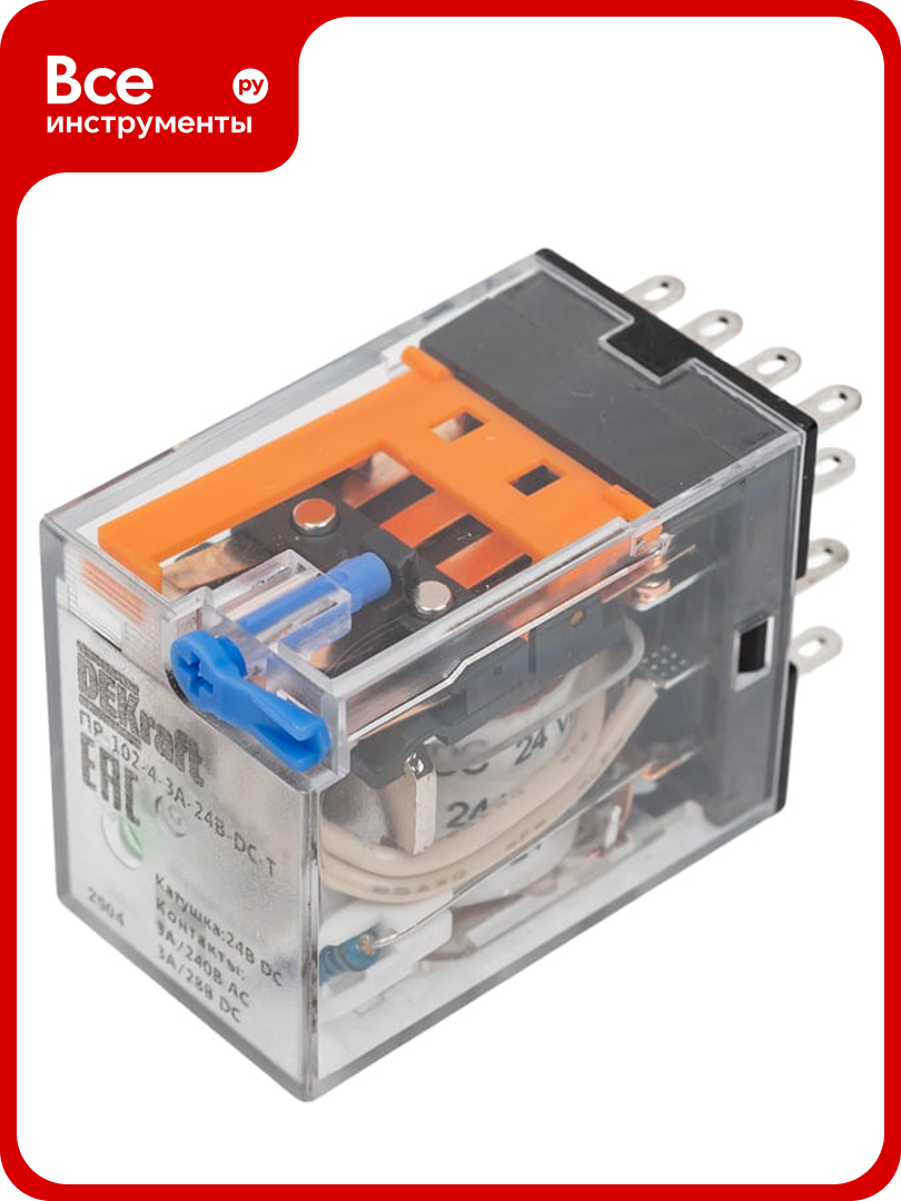 Промежуточное, DEKraft, реле DEKraft ПР-102, 4 конт, 3 А, 24 В, тип DC 23805DEK, монтажа, Внимание