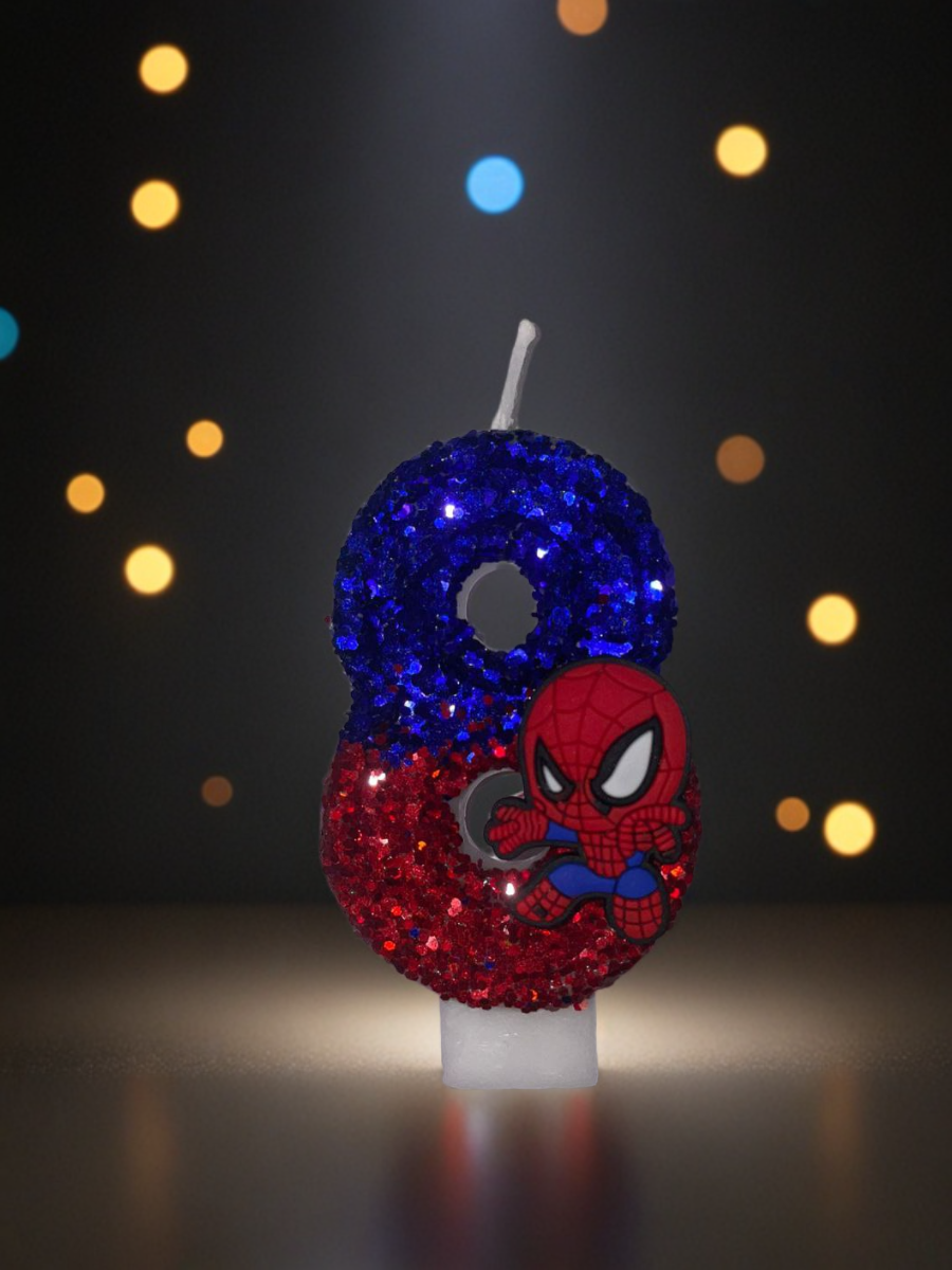 Свеча "Человек-Паук" для торта, дизайнерская, глитерная, с фигуркой, цифра 8 1шт