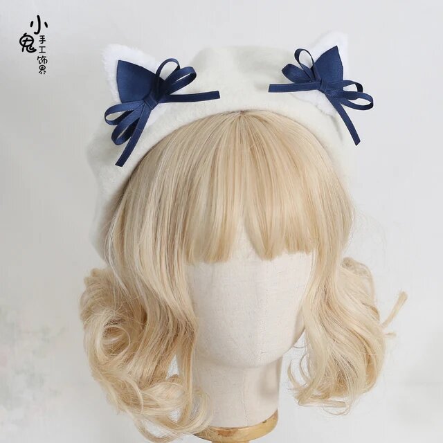 Женская шерстяная берета с бантом кошачьими ушками