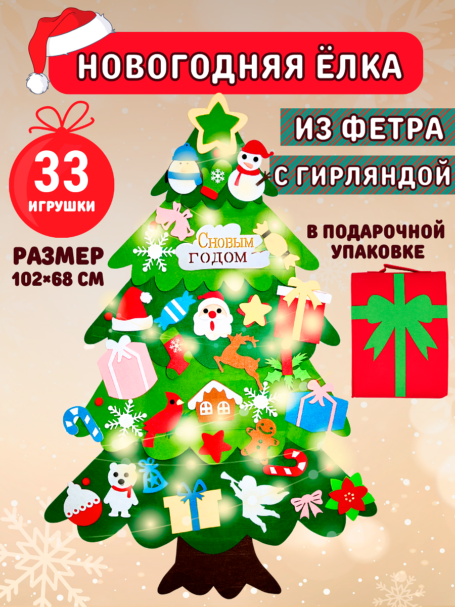 Елка из фетра новогодняя на стену с гирляндой, с набором детских игрушек