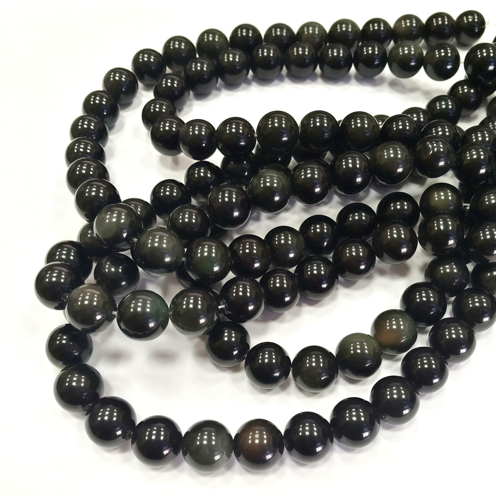 Бусины каменные, обсидиан, черный, 10мм, 37 шт, низка