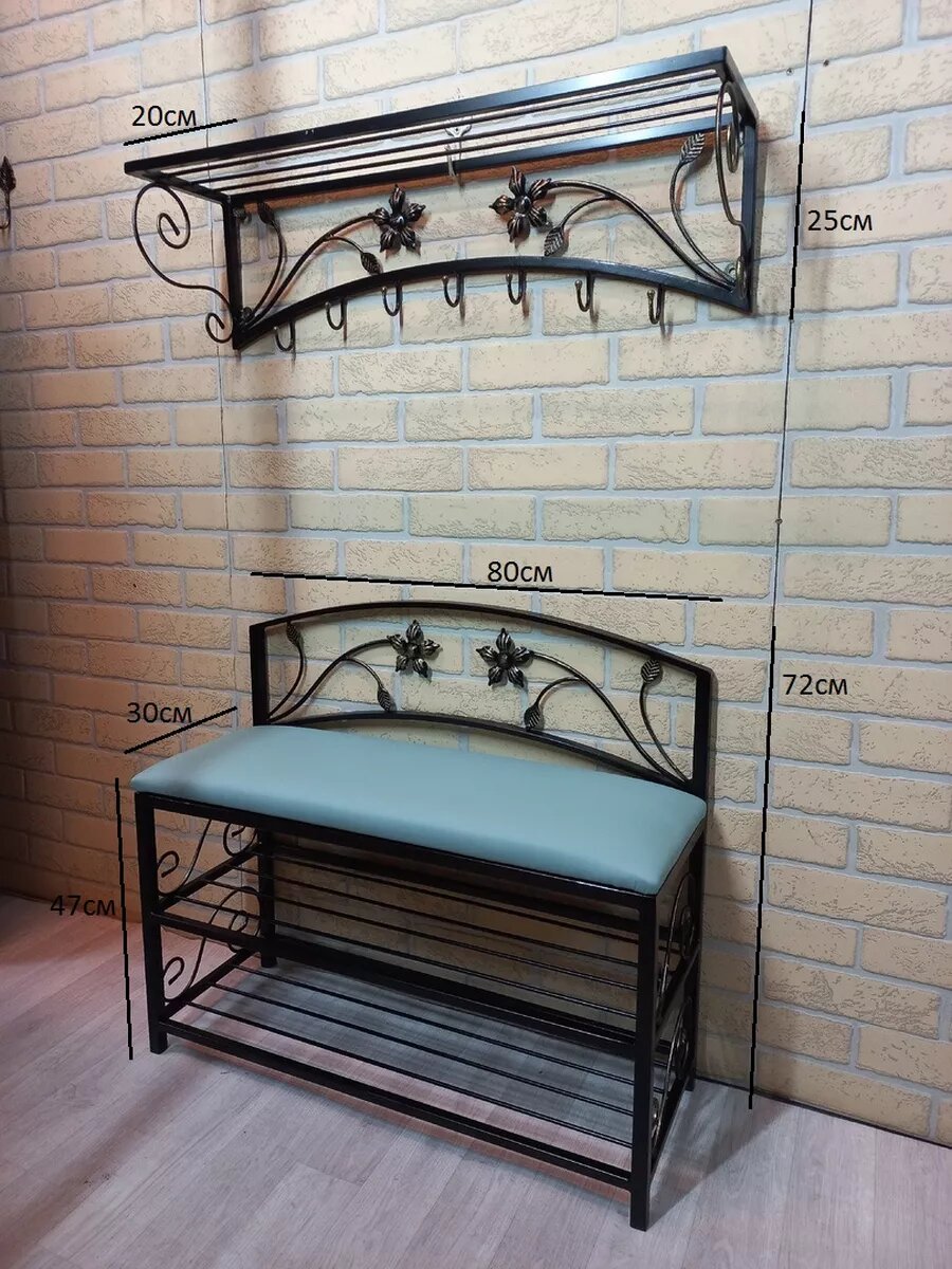 Кованая прихожая, вешалка + банкетка, Студия кованой мебели Нива, цвет голубой