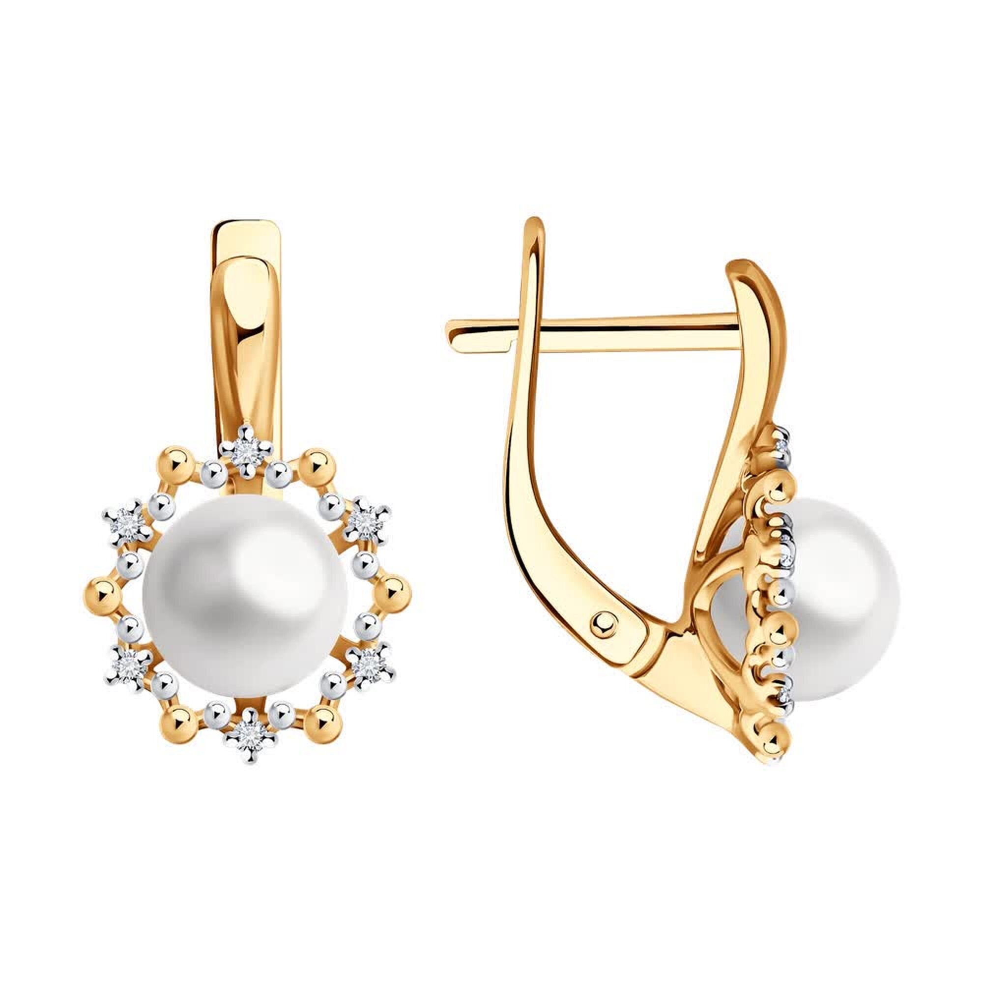 Серьги, красное золото, 585 проба, жемчуг, бриллиант