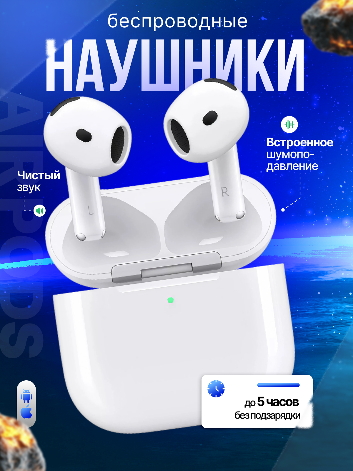 Беспроводные наушники, белые, шумоподавление, с микрофоном, Bluetooth, 5.0