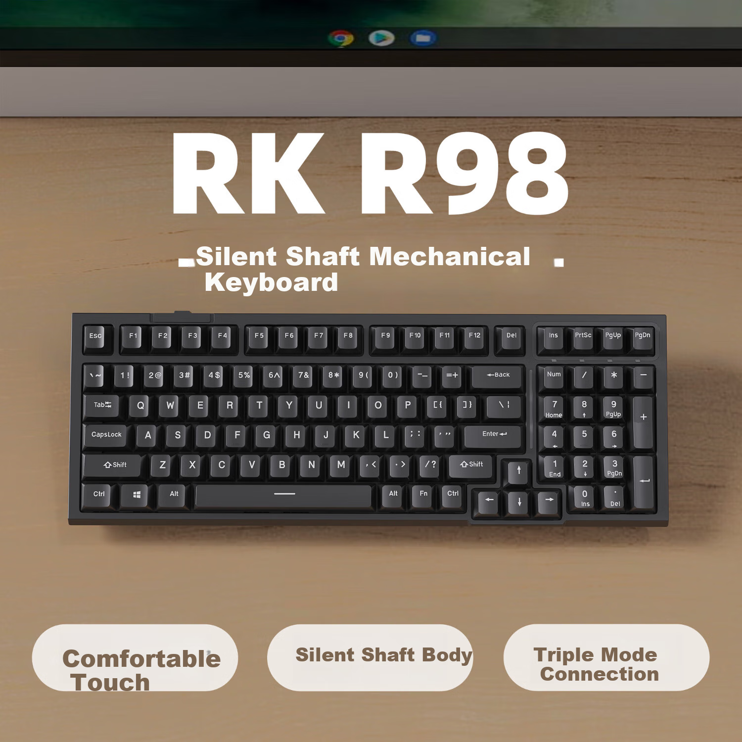 RK R98 Three-Mode Mechanical Keyboard Wireless Wired Bluetooth 99 Keys Computer Office Silent Switches Gaming Non-backlit ABS Keycaps Black Light Feather Switches