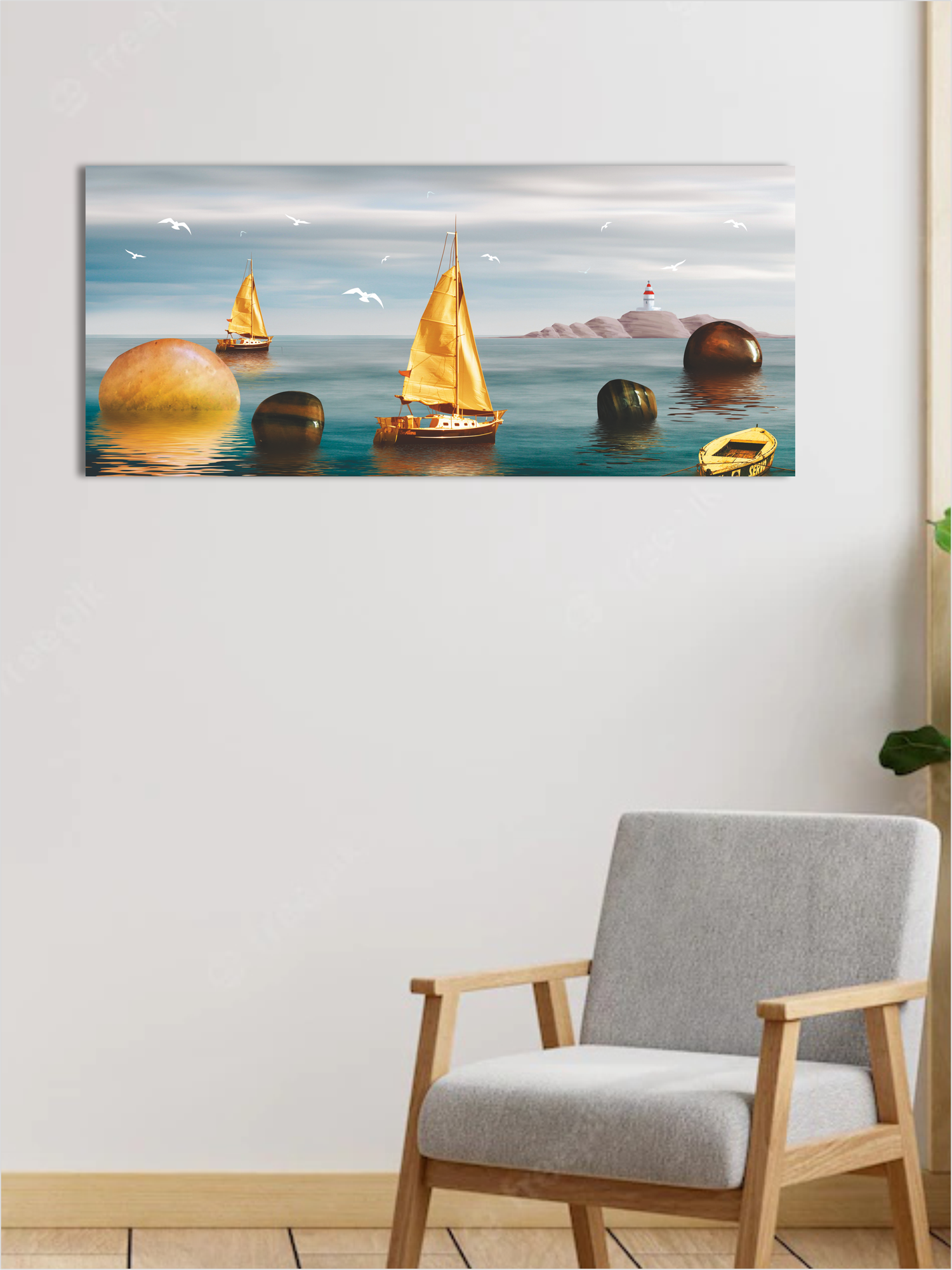 Картина для интерьера на стену пейзаж. Золотые паруса 40х80 см на холсте на подрамнике