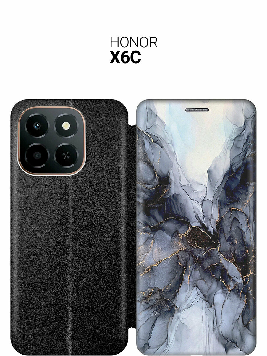Чехол-книжка на Honor X6C с принтом "Черно-белый мрамор" черный