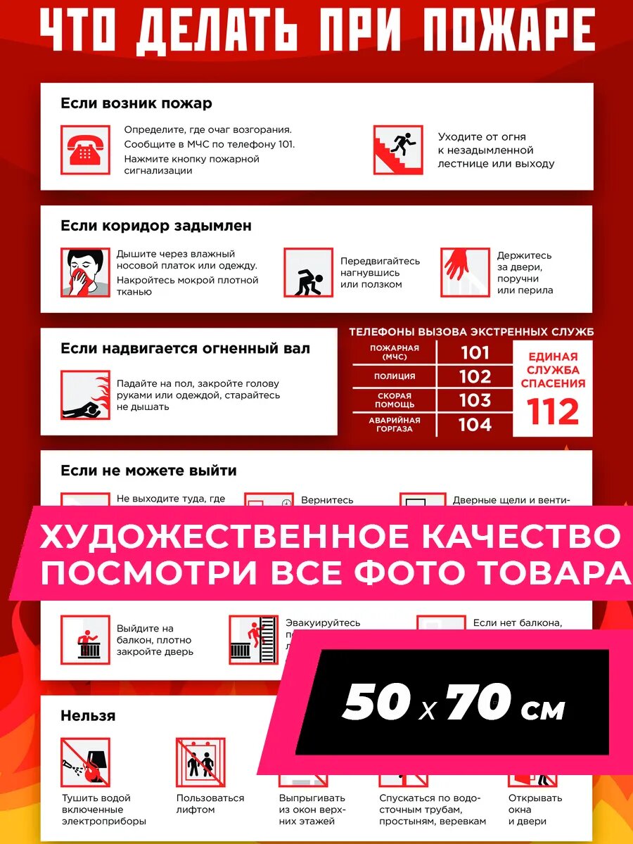 Плакат пожарная безопасность Что делать при пожаре 50 на 70