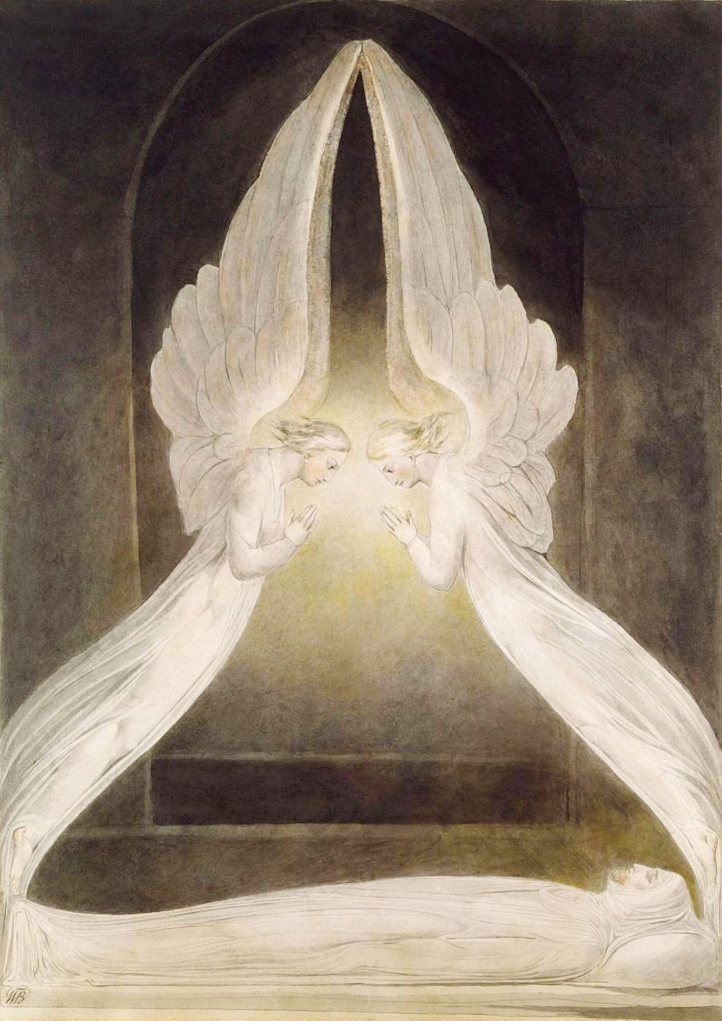 Плакат, постер Ангелы, парящие над телом Христа во гробе на холсте, размер 60х84см