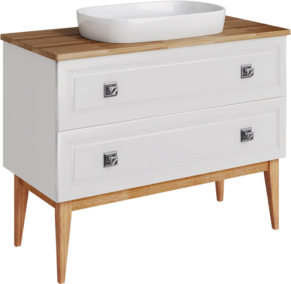 Тумба под раковину со столешницей ASB-Woodline Каталина 100 напольная, белая, матовая, тумба для ванной, с ящиками, с доводчиками