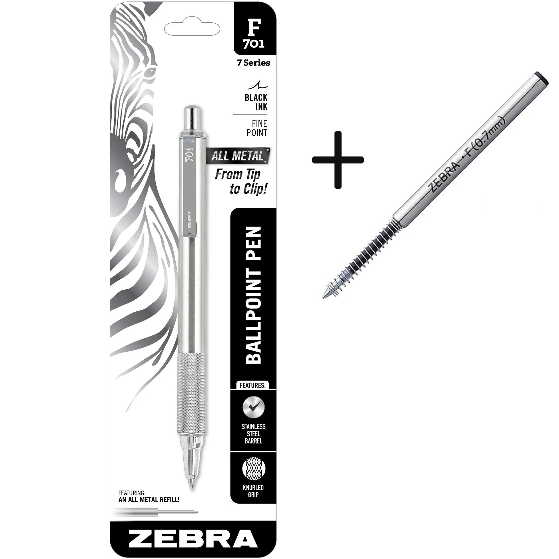 Zebra F-701 ручка шариковая цельнометаллическая черная, 0,7 мм, Pen plus refill