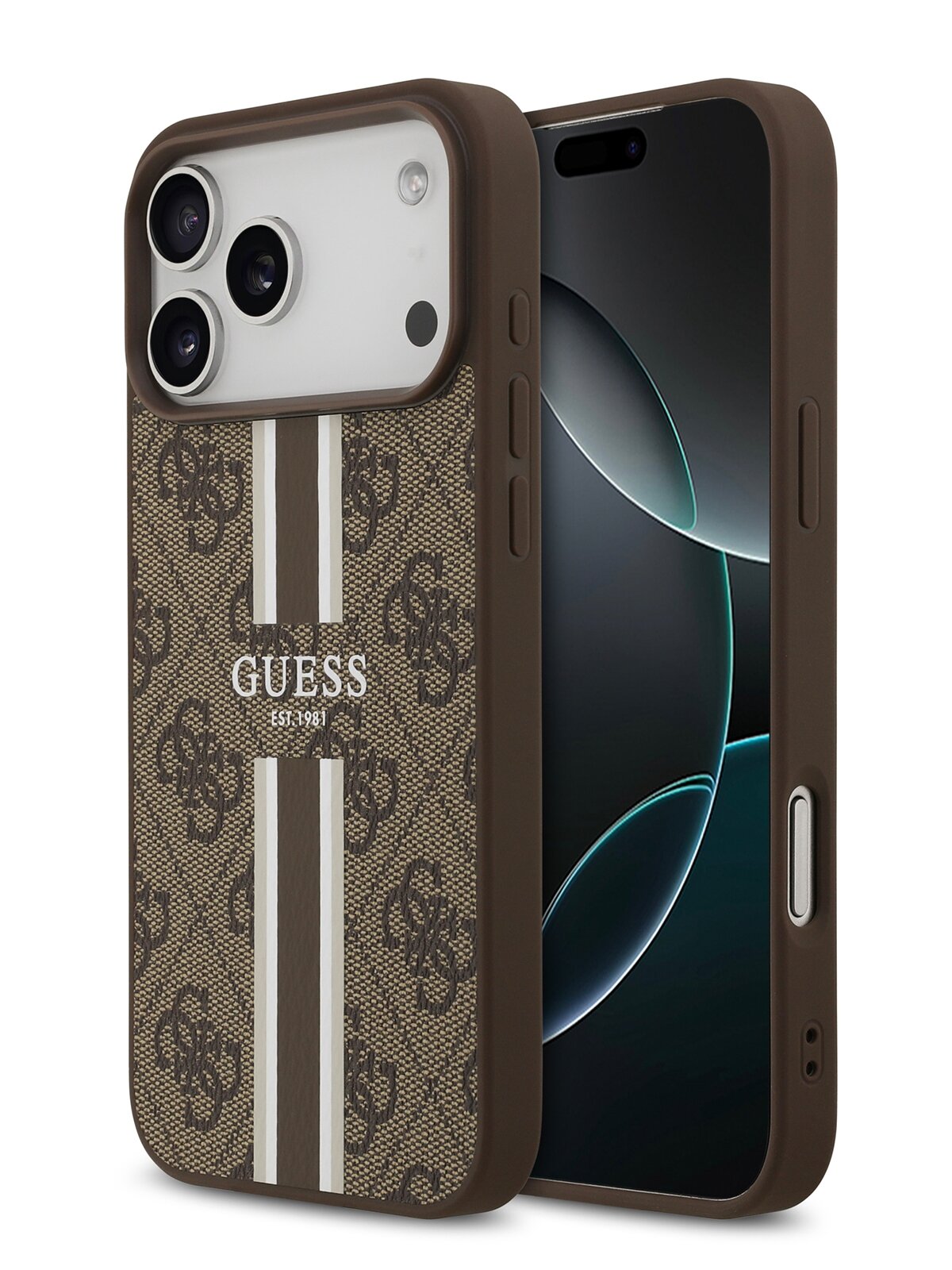 Guess чехол с MagSafe для iPhone 17 Pro Max, PU кожа 4G Stripes, коричневый
