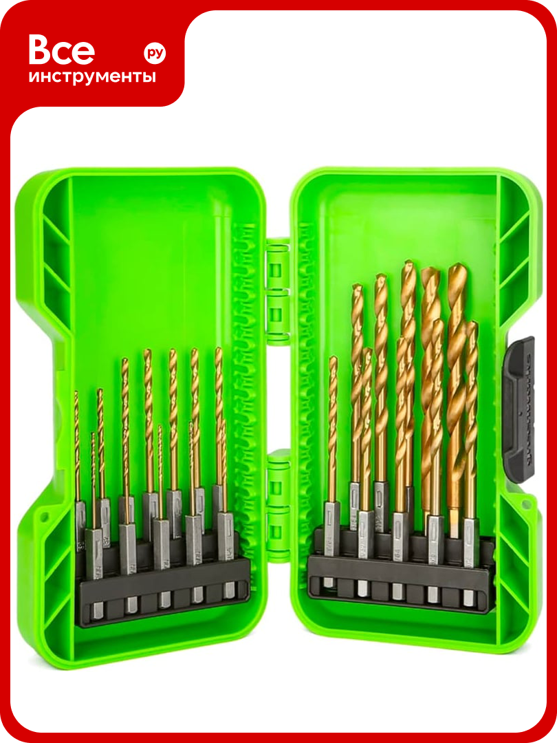 Набор сверл HSS-TiN 1.5-8 мм, с шестигранным хвостовиком, в кейсе, 22 шт GreenWorks, Не подходят для сверления алюминия