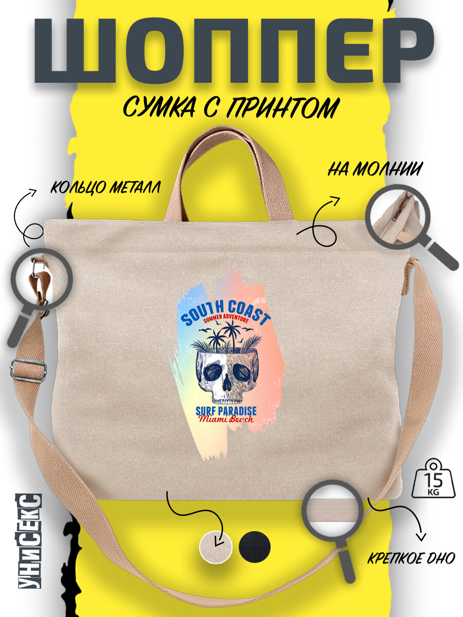 Сумка  шоппер y2k через плечо с черепом серфер