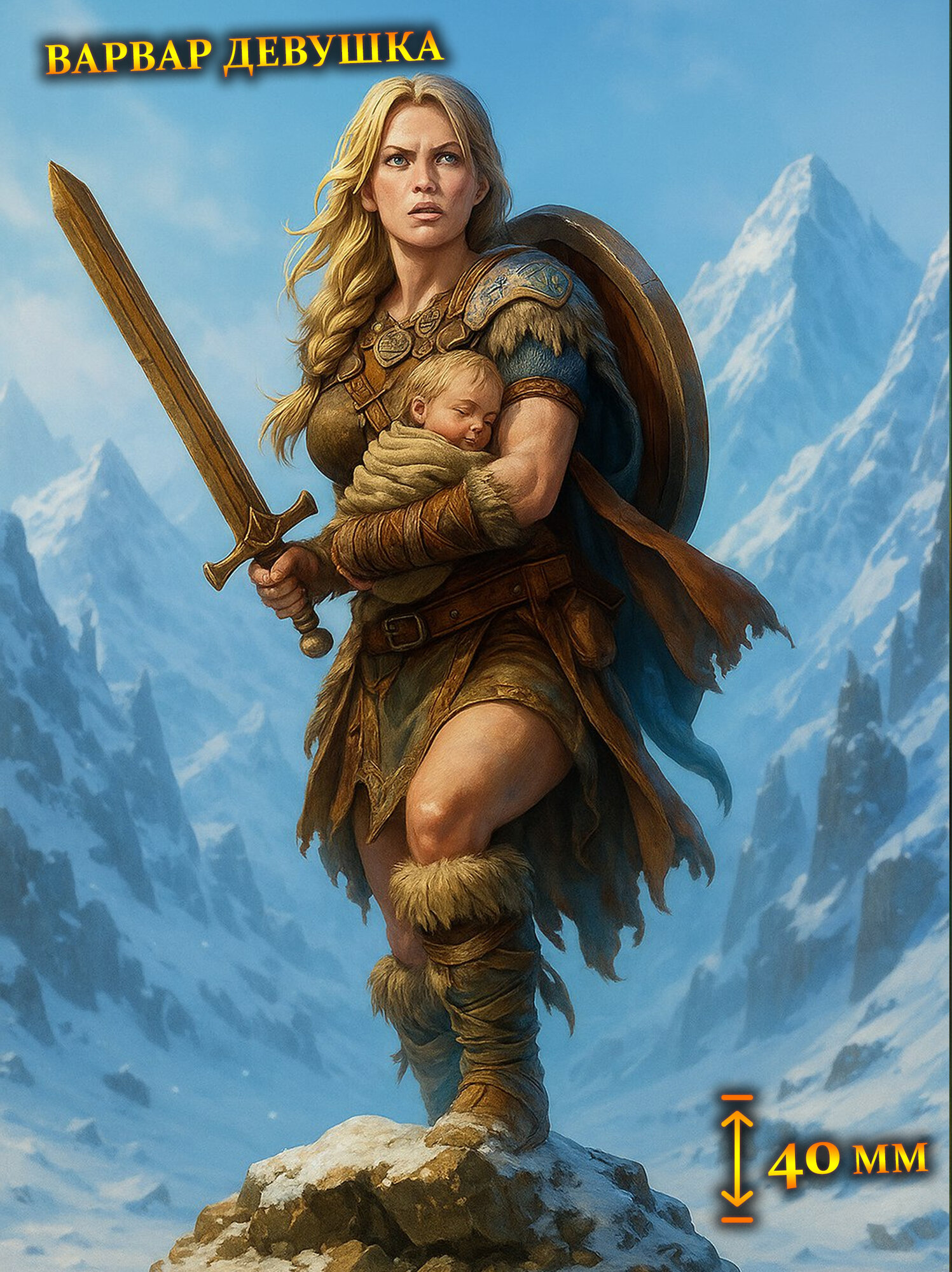 Варвар девушка с ребенком, Берсерк, Воин (45мм) миниатюра для DnD (ДнД) и других Настольных игр( НРИ, Варгеймов или РПГ), фентези тематика