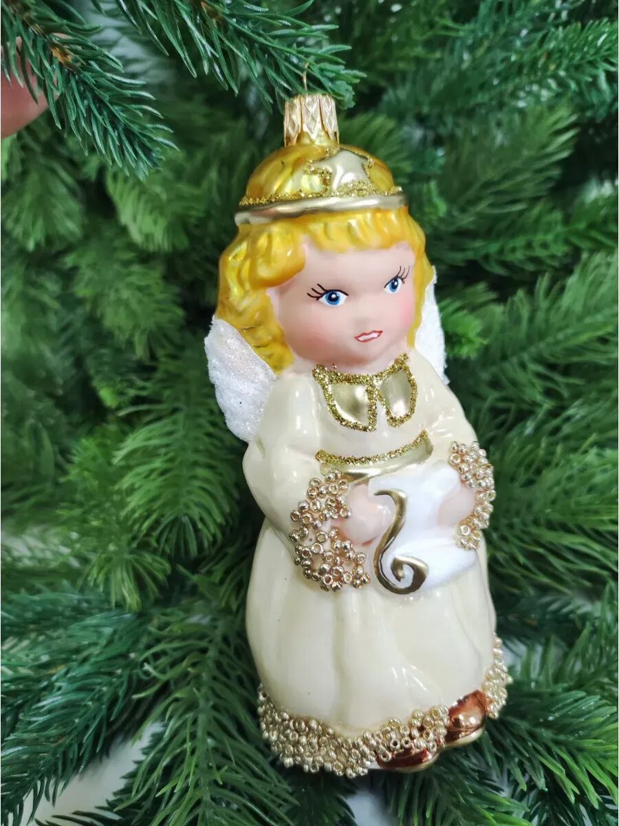 Новогодняя стеклянная игрушка Ангел в подарочной упаковке, ручная роспись