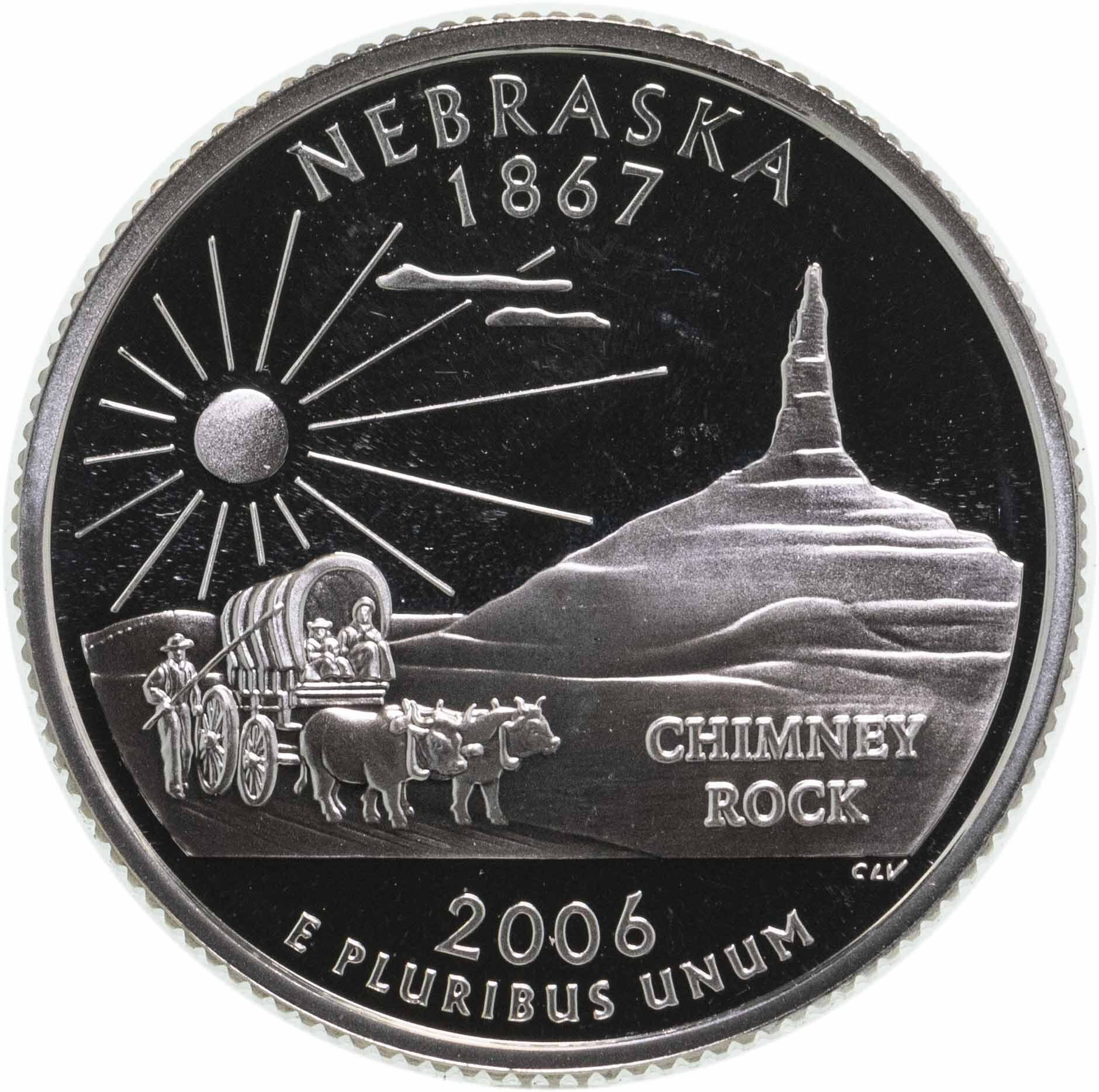 США 25 центов квотер, 1/4 доллара, quarter dollar 2006 "Небраска Nebraska", знак монетного двора "S" - Сан-Франциско, Мельхиор медь-никель, в сохранности Proof