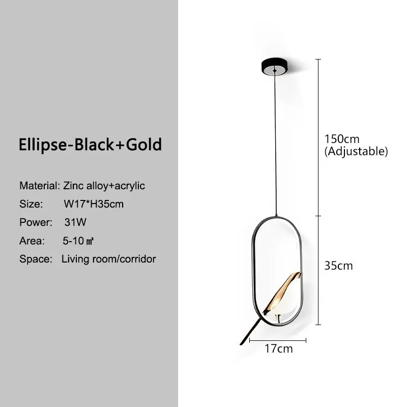 Светодиодные подвесные светильники с птицами для спальни, гостиной, внутреннее освещение для дома, люстра, подвесные светильники для коридора, прохода AC85-265V, Ellipse-Black Gold, Tricolor Light, Черный