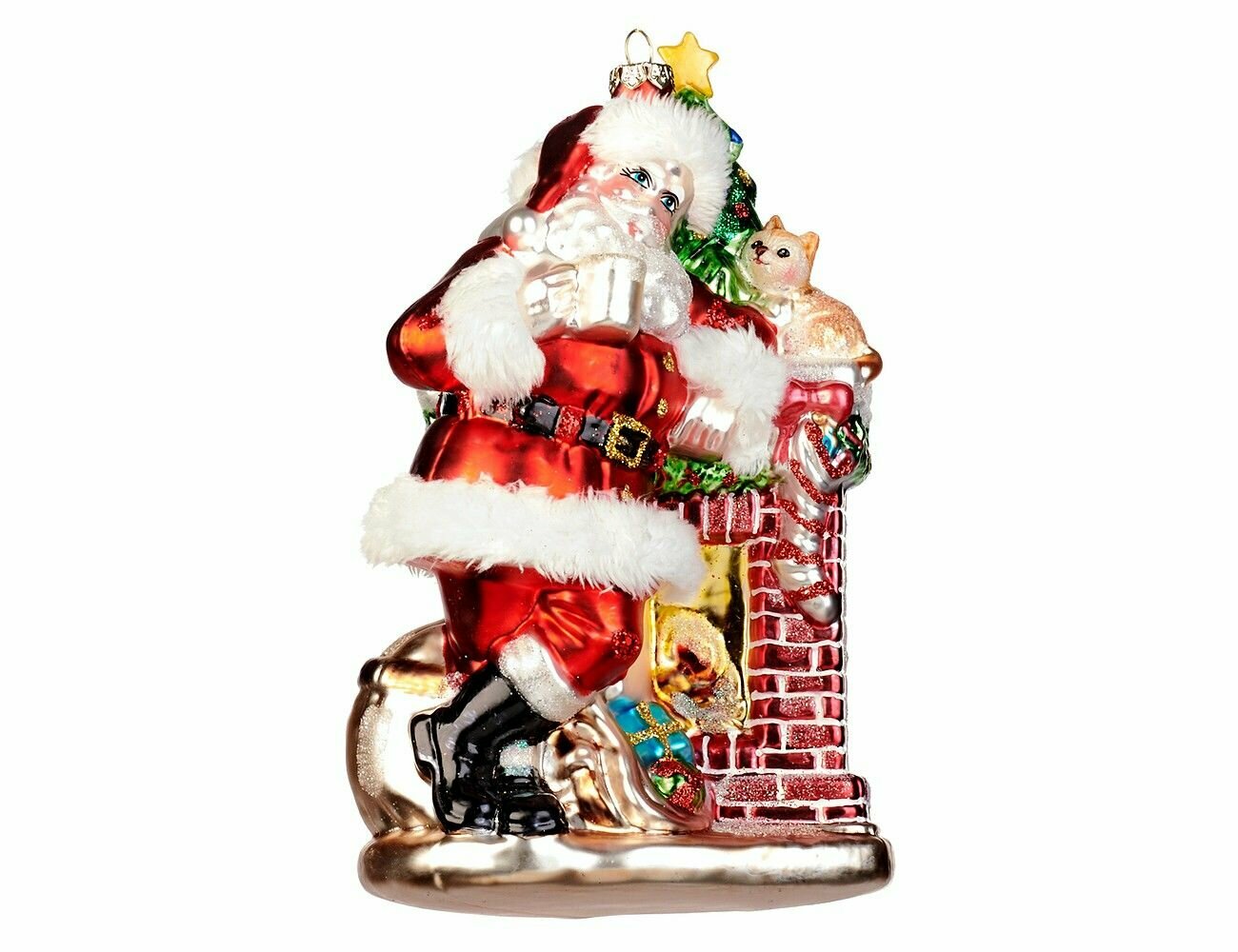 Ёлочное украшение санта С кружкой, стекло, искусственный мех, 19 см, Goodwill TR21211