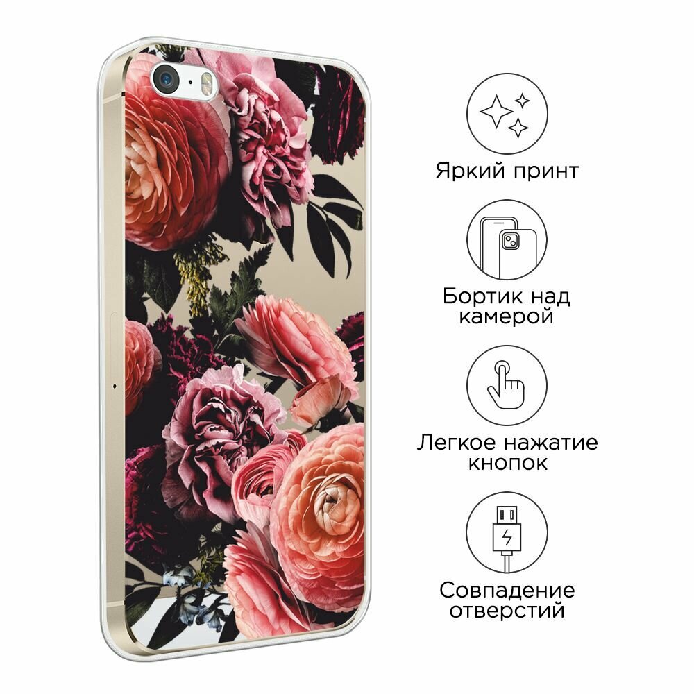 Чехол на Apple iPhone 5/5S/SE / Айфон 5/5S/SE с принтом "Бордовые винтажные цветы", прозрачный — фото 1