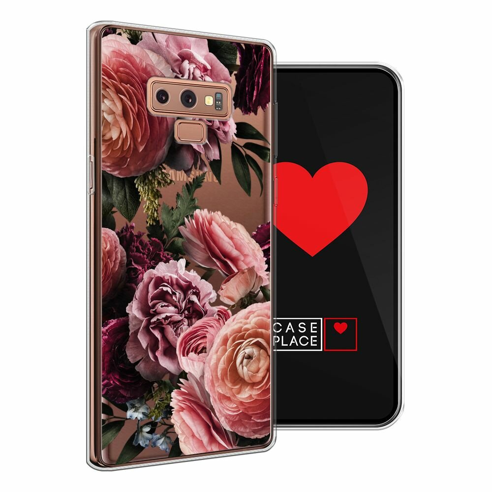 Чехол на Samsung Galaxy Note 9 / Самсунг Галакси Нот 9 с принтом "Бордовые винтажные цветы", прозрачный — фото 1