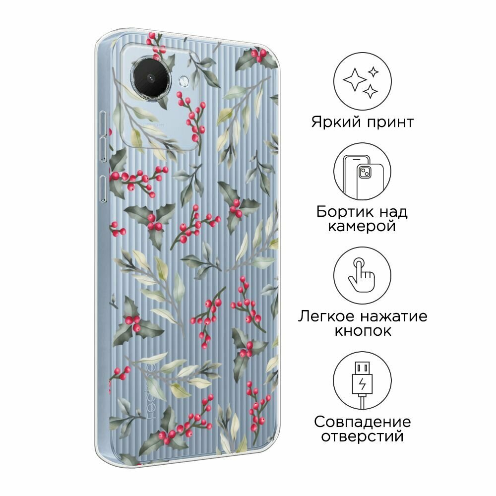 Чехол на Realme C30 / Реалми C30 с принтом Зимние ягоды паттерн, прозрачный — фото 1