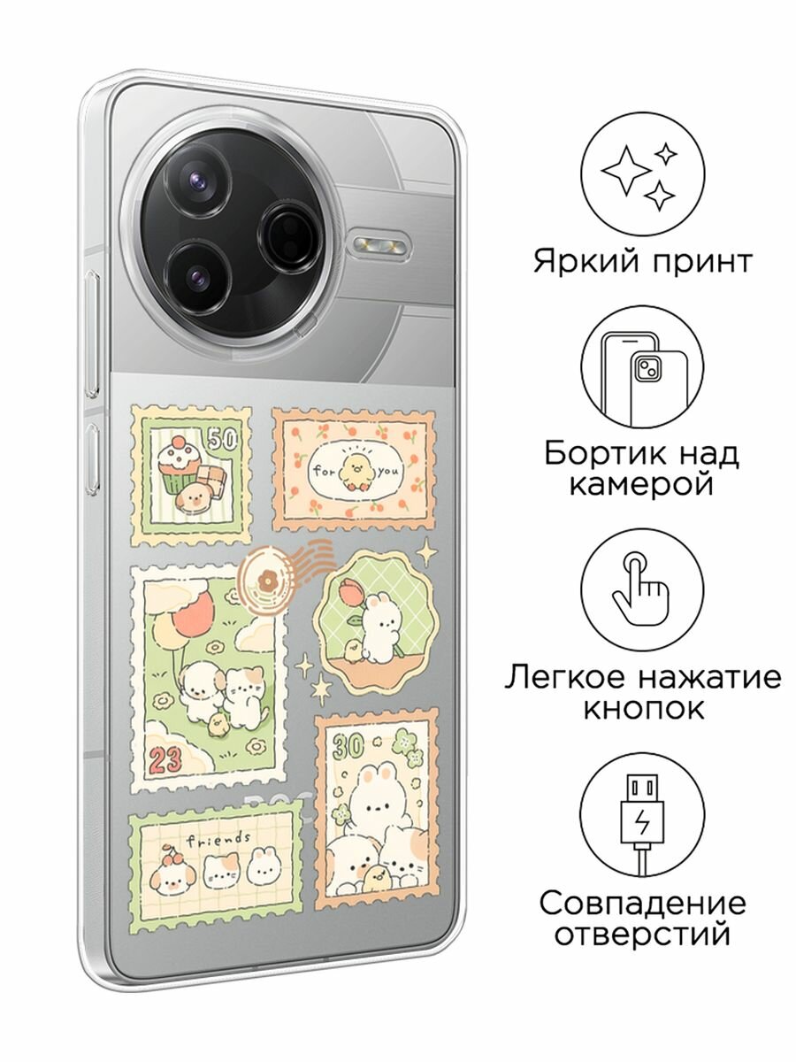 Чехол на Poco F7 Pro / Поко F7 Про с принтом "Милые марки", прозрачный — фото 1