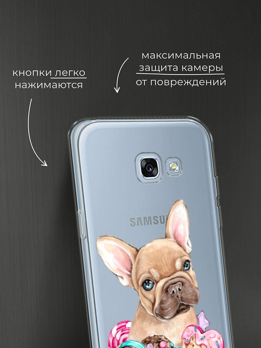 Чехол на Samsung Galaxy A5 2017 / Самсунг Галакси А5 2017 с принтом "Бульдог и сладости", прозрачный — фото 1