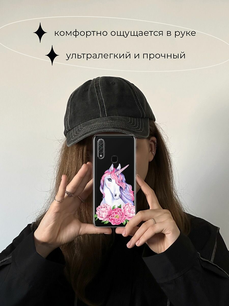 Чехол на Oppo A31 / Оппо А31 с принтом "Единорог с пионами", прозрачный — фото 1