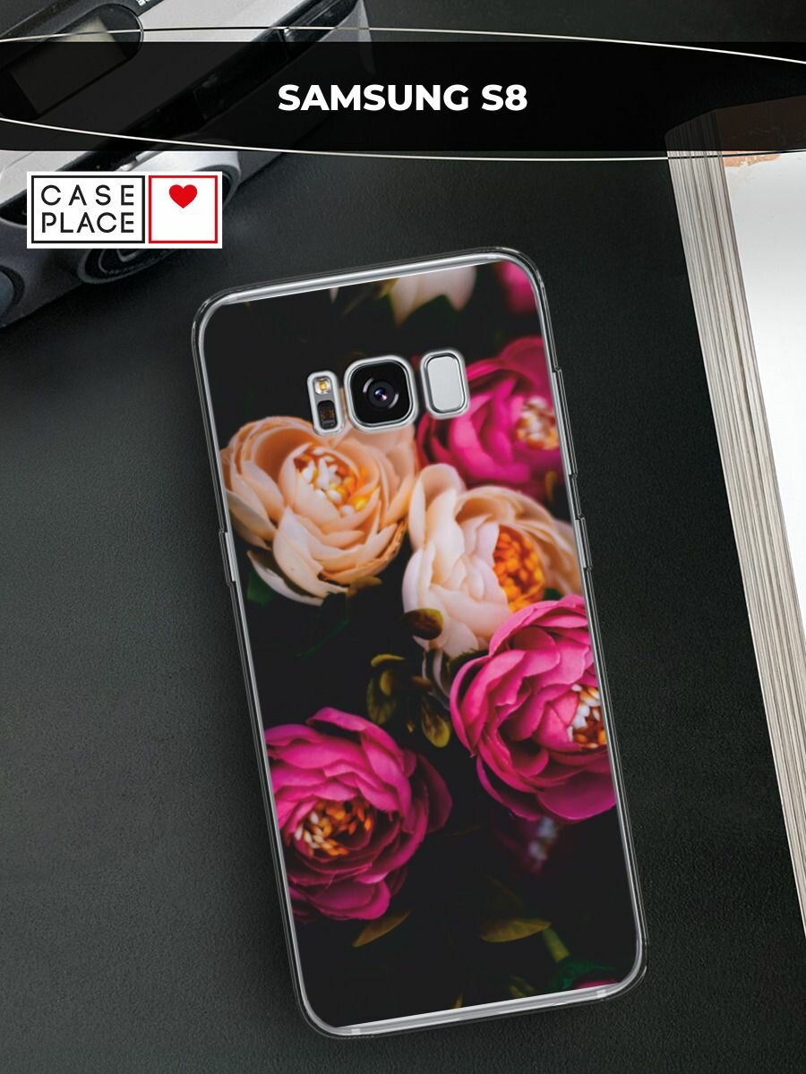 Чехол на Samsung Galaxy S8 / Самсунг Галакси С8 с принтом "Розовые пионы на черном"