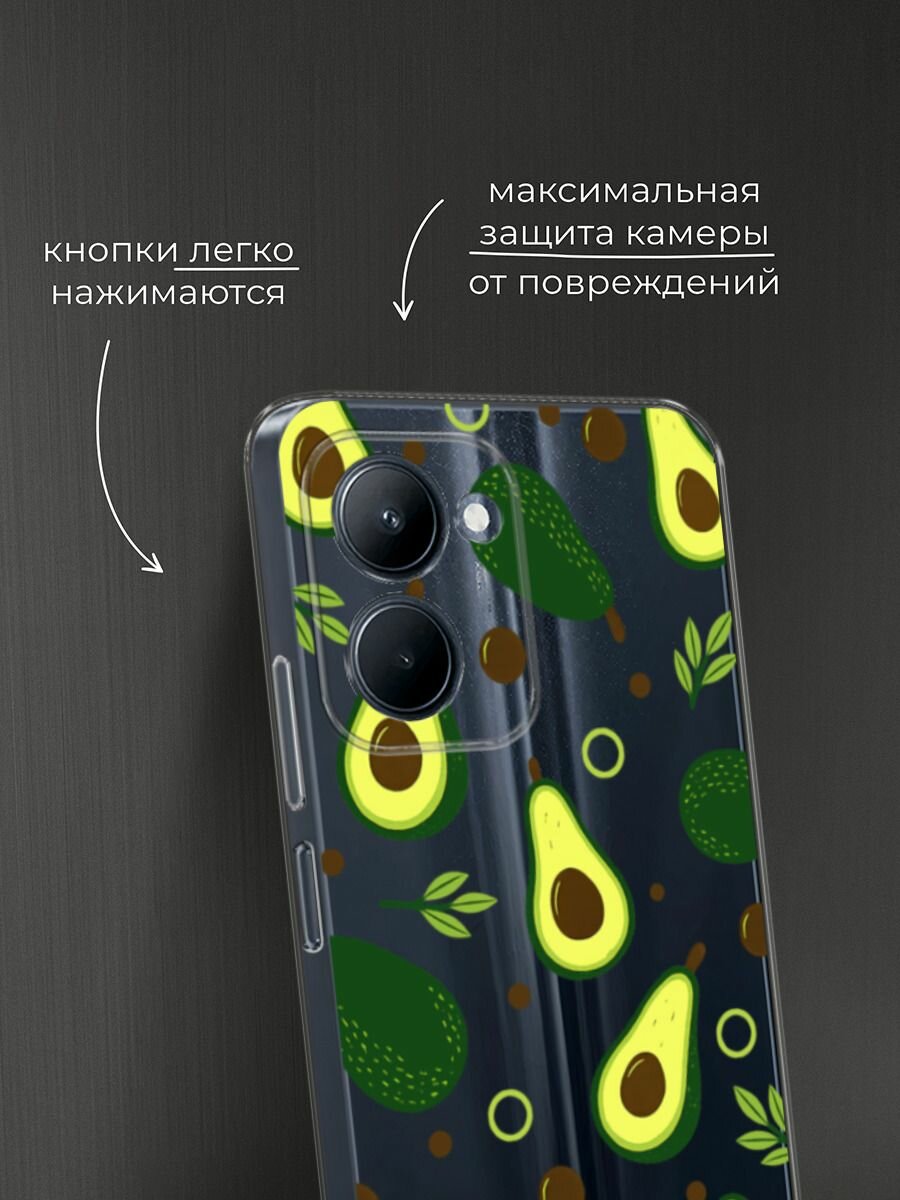 Чехол на Realme C33 / Реалми С33 с принтом "Авокадо паттерн", прозрачный — фото 1