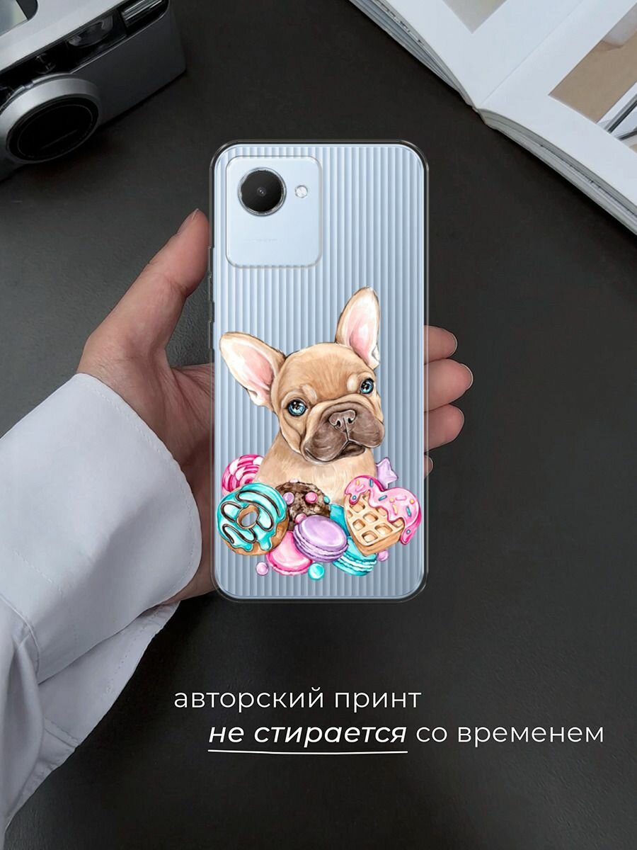 Чехол на Realme C30 / Реалми C30 с принтом "Бульдог и сладости", прозрачный — фото 1