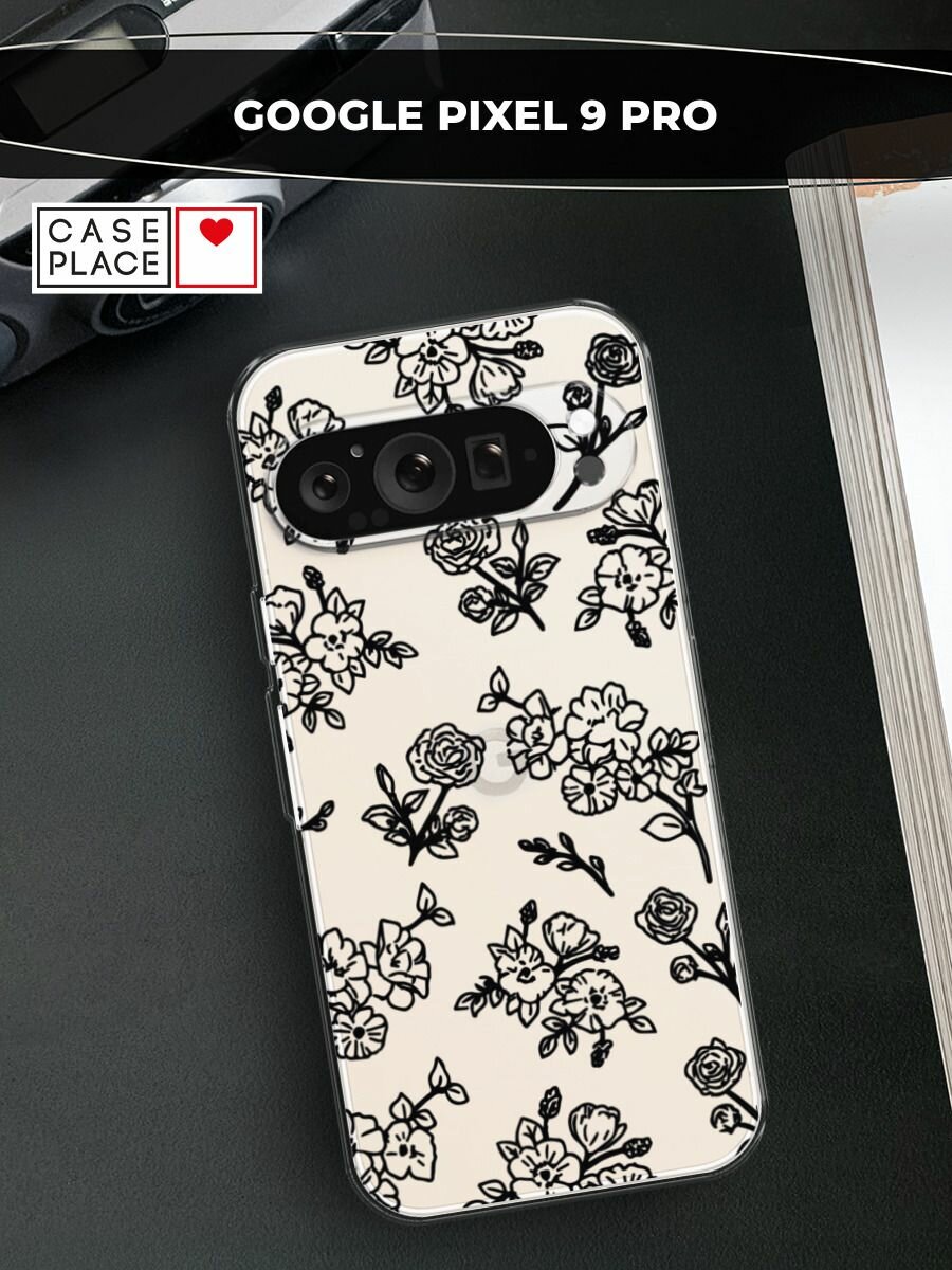 Чехол на Google Pixel 9 Pro / Гугл Пиксель 9 Про с принтом "Черные розы паттерн", прозрачный