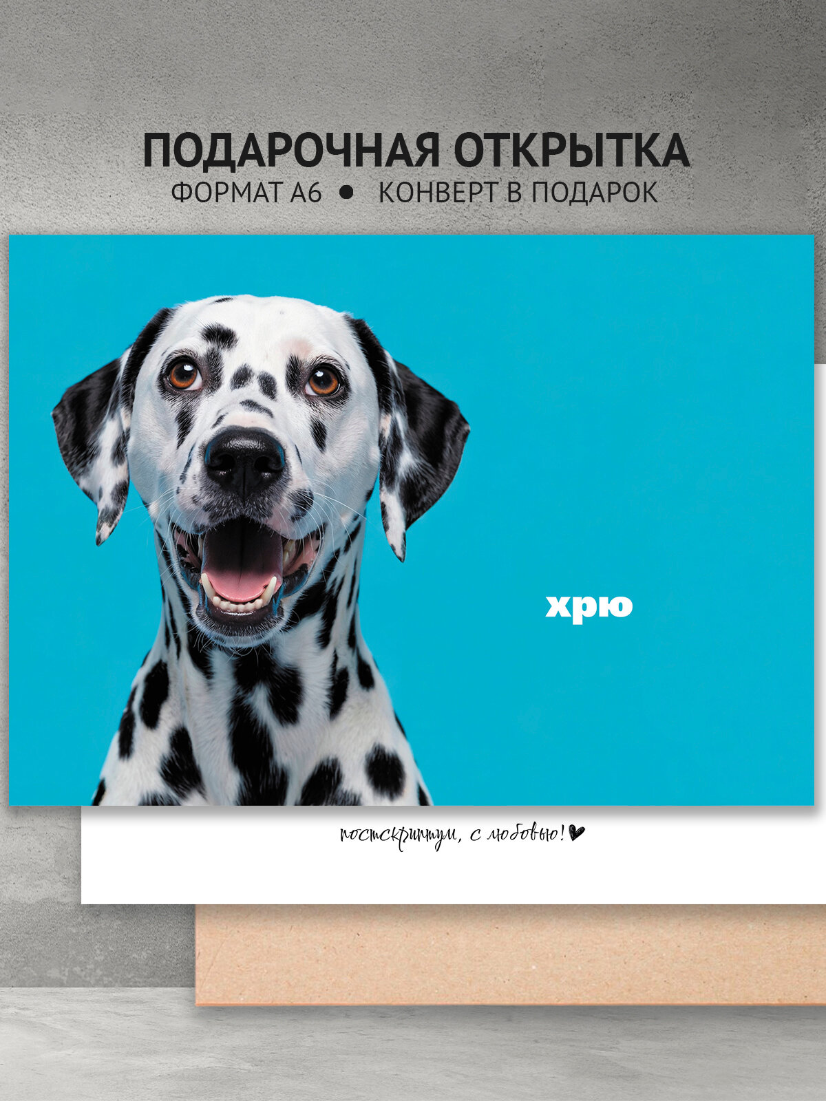 Подарочная открытка с уникальной иллюстрацией далматинец "Хрю" с днем рождения, с юбилеем, без повода