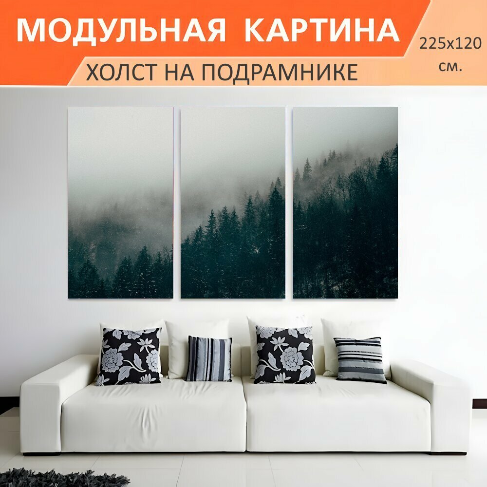 Модульная картина на холсте "Лес, туман, лесной пейзаж" триптих на подрамнике 225х120 см. для интерьера