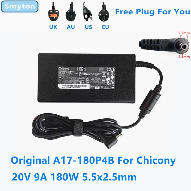 Оригинальное зарядное устройство переменного тока для Chicony 20 В 9 А 180 Вт 5,5x2,5 мм A17-180P4B A180A068P Hasee цветный блок питания для ноутбука, without Plug