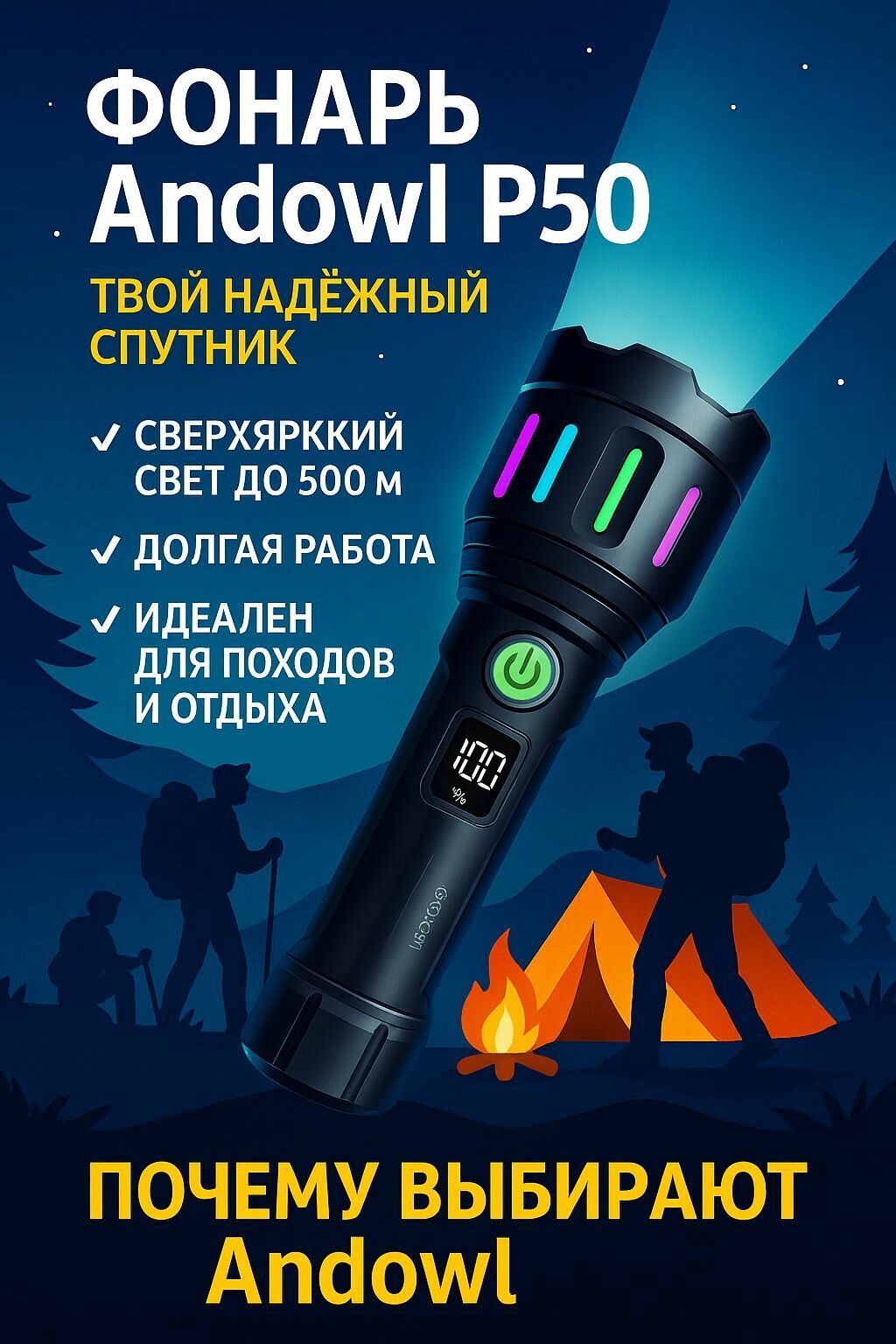 Фонарь Andowl P50 мощный аккумуляторный фонарик 26650 с дисплеем, зумом и ярким светодиодом