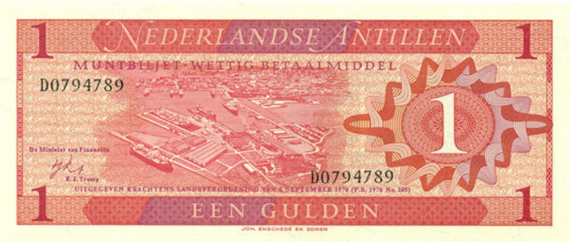 Банкнота номиналом 1 гульден Антильских островов 1970 года. Состояние UNC P-20 (34794)