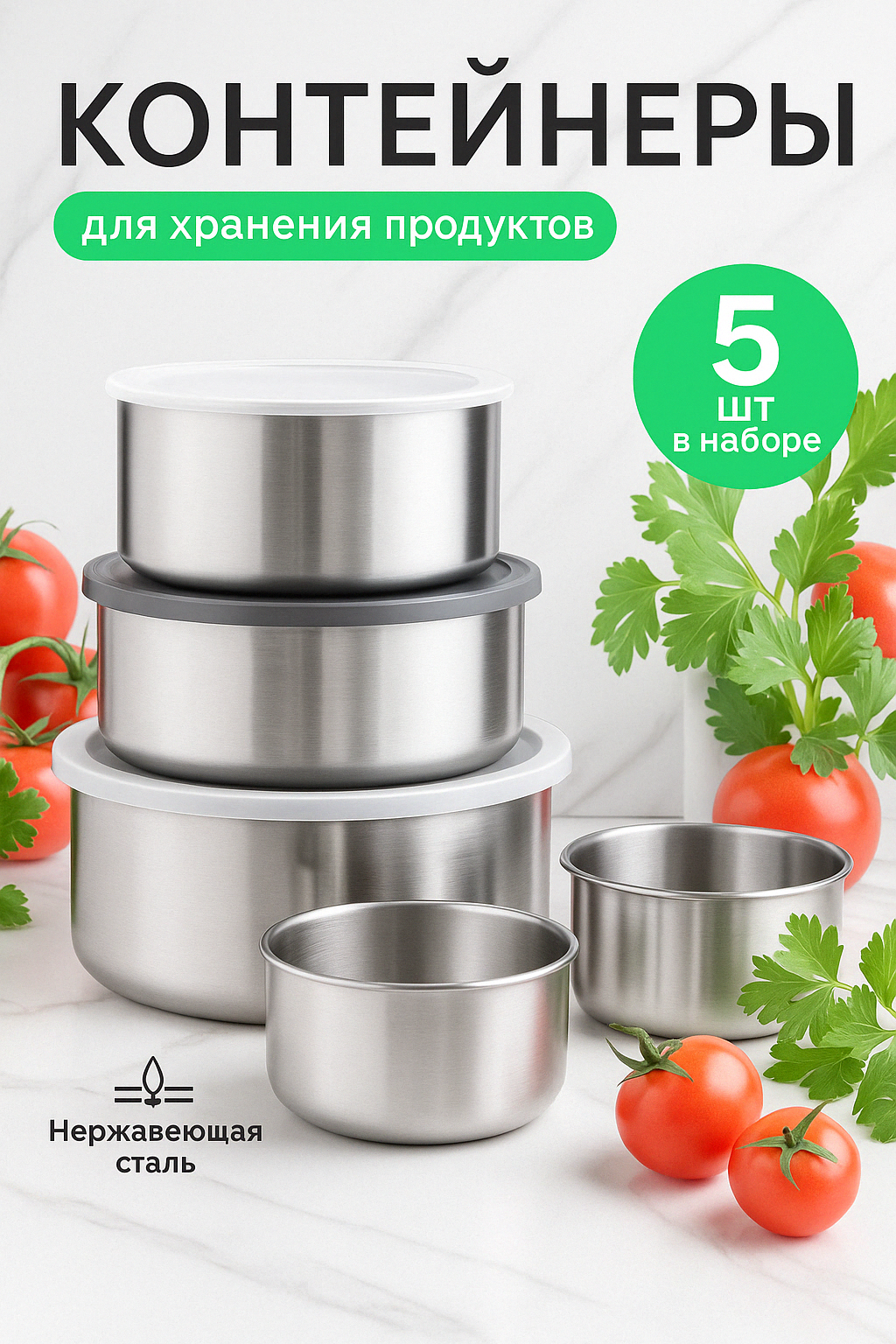 Набор контейнеров Home , с крышками, 5 штук, сталь размеры: 10; 12; 14; 16; 18см