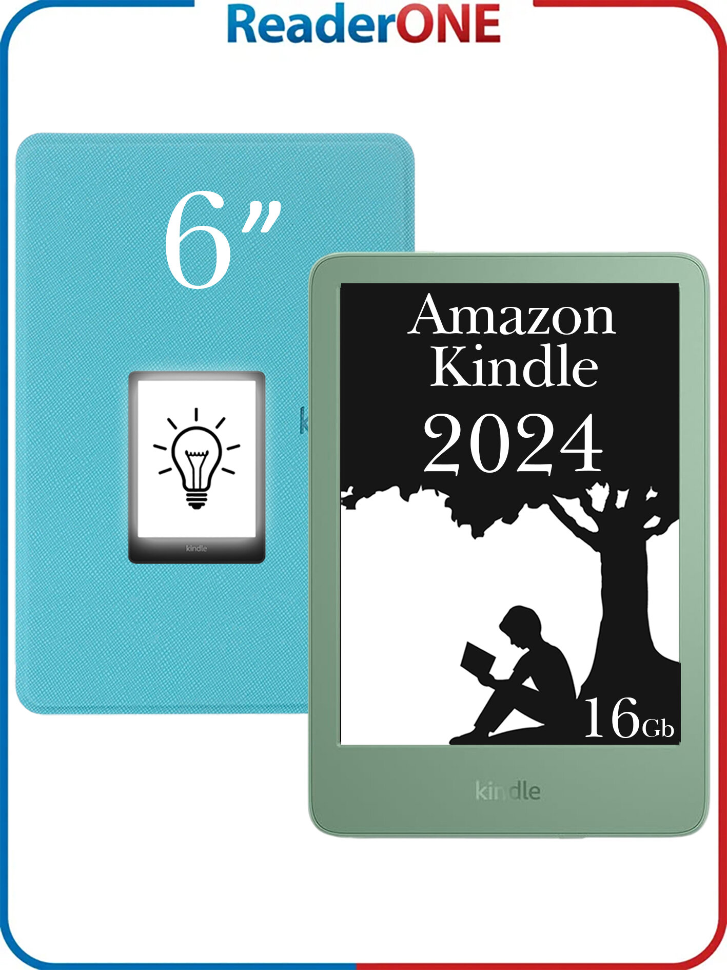 Электронная книга Amazon Kindle 11, 6 дюймов, 2024, 16 Гб, SO, зеленая (Matcha) с обложкой ReaderONE Light Blue