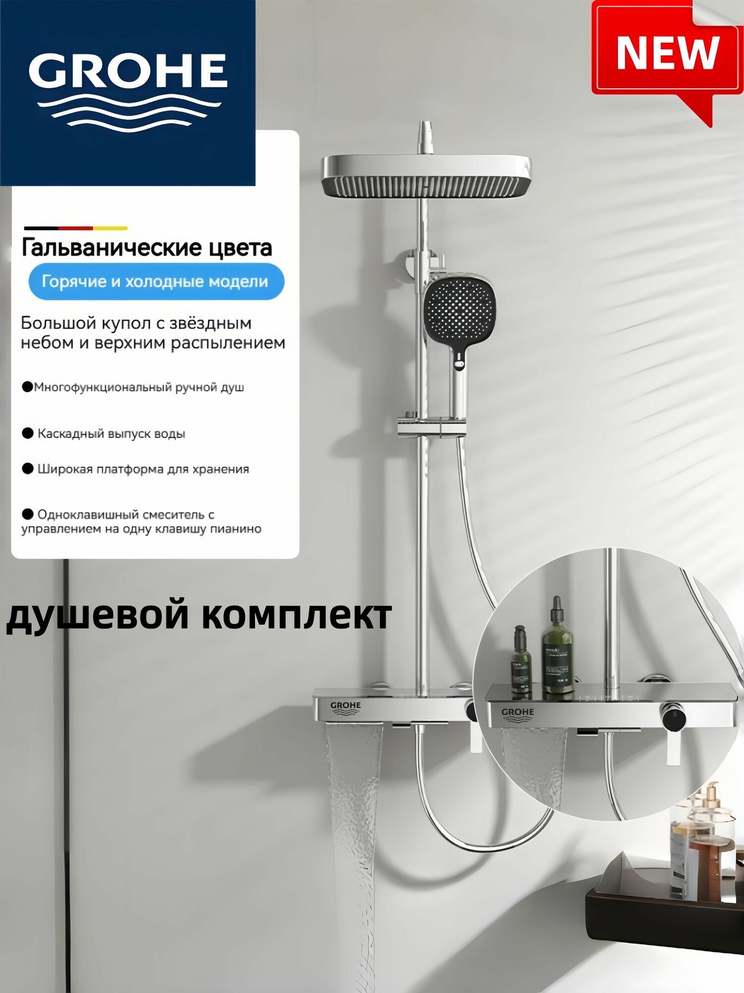 Стеклянная рамка GROHE, металлическая кнопка пианино, душевой набор, герметичный душевой пистолет, розовое золото, серый